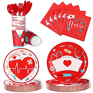 168 Pcs Nurse Graduation Party Decorations, Doctor Nurse Medical Birthday Party Tableware Set 24 Guests Dinner Dessert Plates Cups Napkins for Doctors Day Nursing School Office Party Supplies (Red)