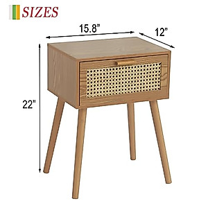 AWASEN Mid Century Nightstand, Rattan Side Table with Drawer, Modern Bedside Table with Storage and Solid Wood Legs for Living Room, Bedroom and Small Space (Brown)