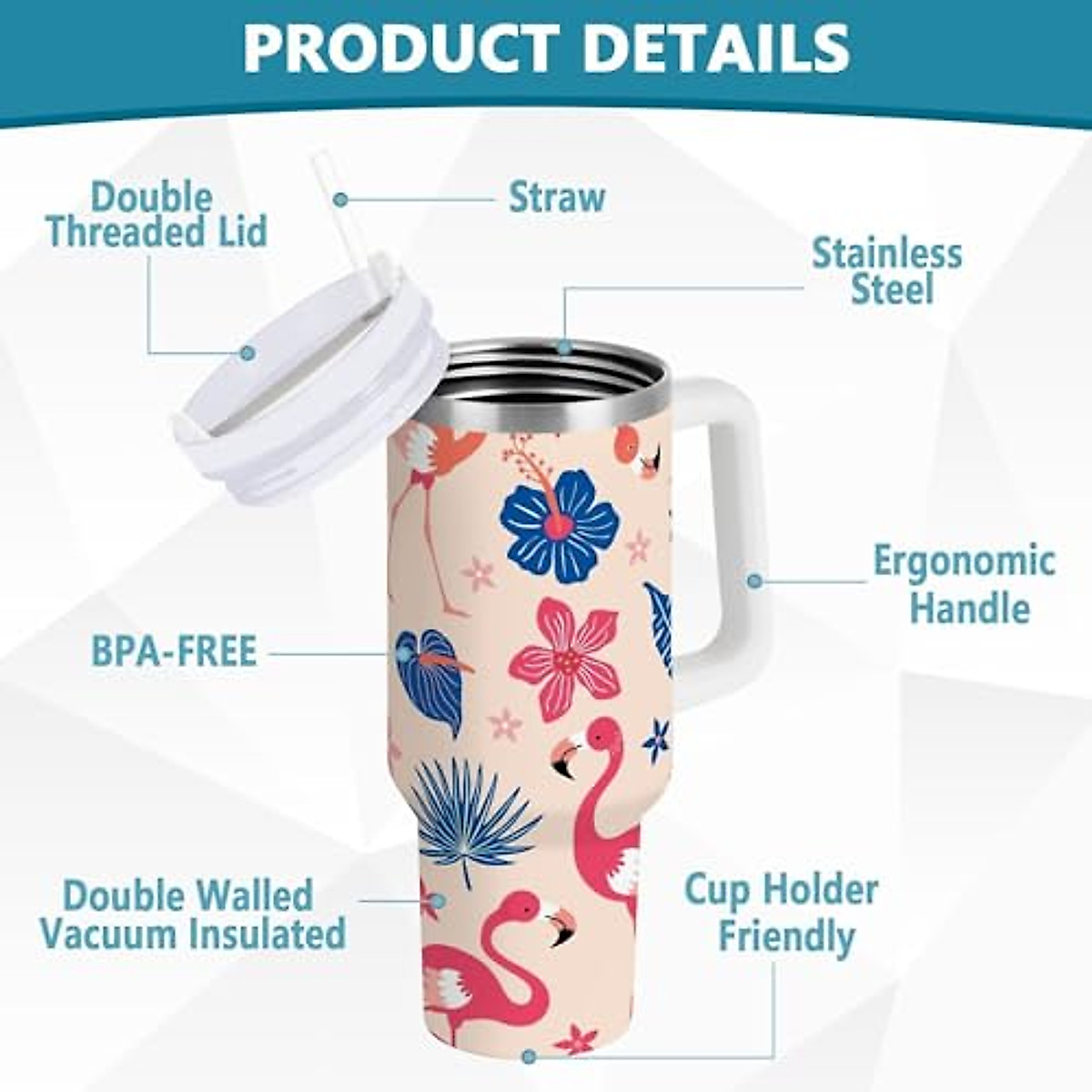 DIGTIA Stainless Steel Insulated Tumbler w/Handle & Straw, Flamingos Palm Tree Double Wall Vacuum Travel Coffee Mug Cup w/Lid, Leak-Proof Sports Tropical Water Bottle,30oz