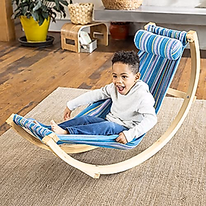 Hearthsong Lightweight Rocking Floor Hammock, 50”L x 14”W Blue-Striped Cotton Indoor Hammock, 95 lbs. Ages 3 to 9