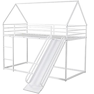 Harper & Bright Designs Twin Over Twin House Bunk Bed with Slide and Ladder, Metal Low Bunk Bed Frame for Kids Girls Boys - White