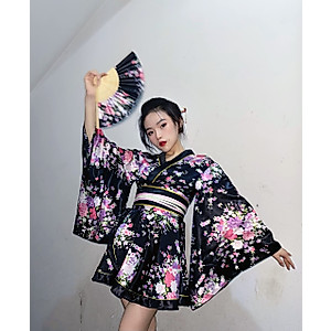 Japanese Anime Women's Dance Kimono Robe Fancy Dress Yukata Silk Folding Fans Tabi Hairstick Socks Set Black Large
