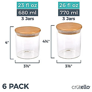 Crutello Glass Food Storage Containers with Bamboo Lids, 6 Pack - Three 26 Fluid oz and Three 23 Fluid oz Airtight Clear Kitchen Organization Canisters is an Family-Owned American Brand