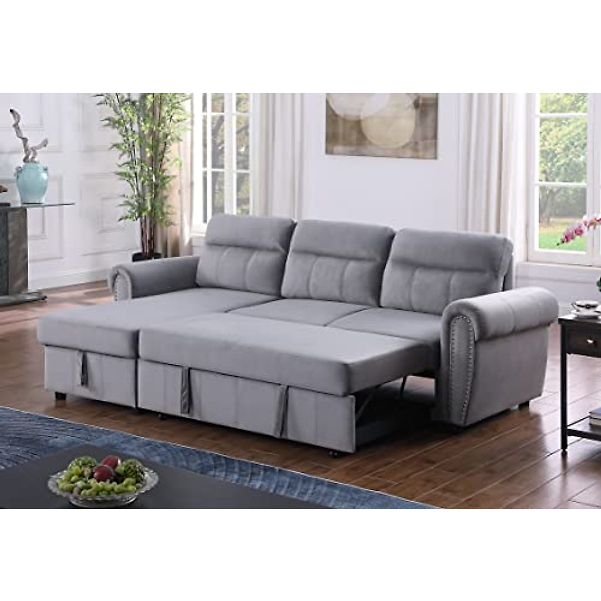 Lilola Home Ashton Gray Velvet Fabric Reversible Sleeper Sectional Sofa Chaise