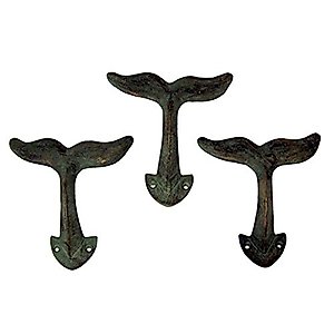 Rustic Green Patina Cast Iron Whale Tail Wall Hooks, 4 1/2 Inches, Set of 3