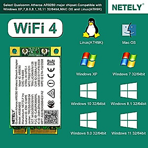 NETELY IEEE 802.11N Mini-PCIE Interface Dual Band 600Mbps WiFi Adapter for Laptop PCs and Desktop PCs, 2.4GHz 300Mbps and 5GHz 300Mbps, Qualcomm Atheros Wireless AR9280 Network Adapter (AR9280)