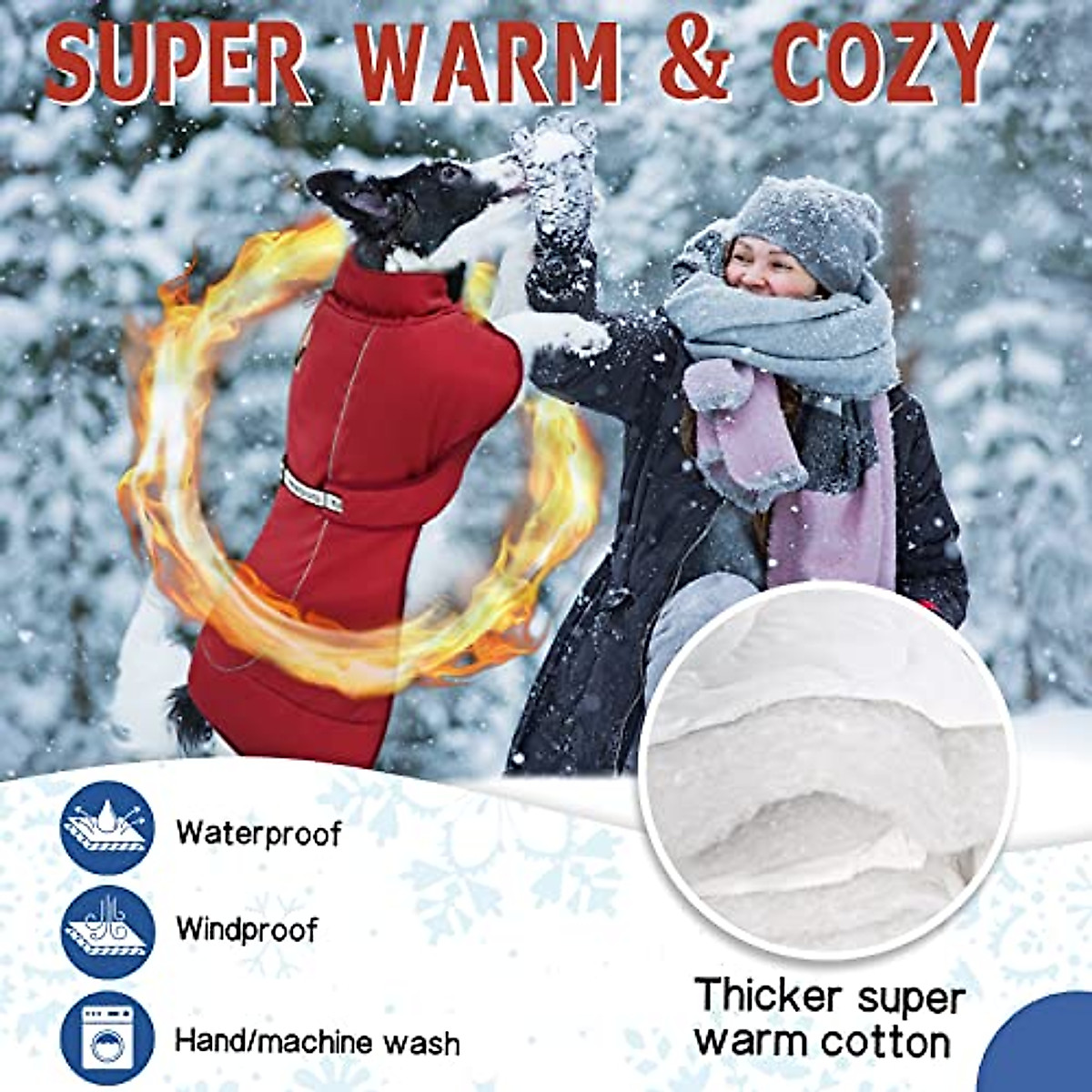 Warm Dog Winter Coat Adjustable Dog Winter Jacket Reflective Dog Snow Jacket Turtleneck Dog Winter Clothes for Large Medium Dogs (XX-Large, Red)