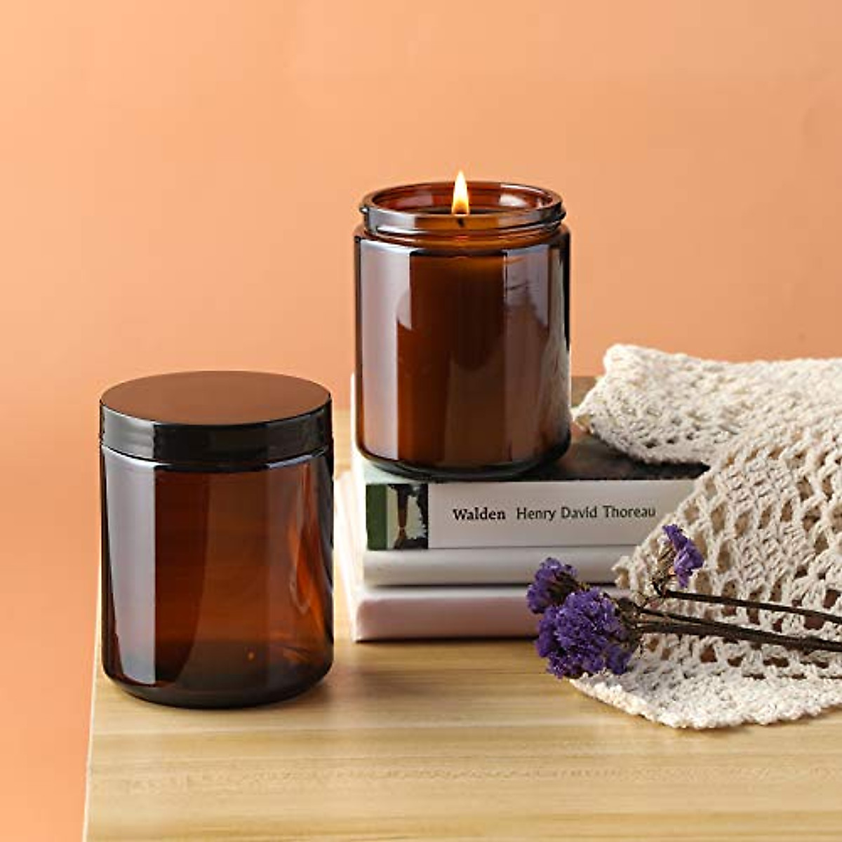 12 Pack 8oz Amber Glass Jars with Metal & Plastic Lids - For Candle, Food Storage, Canning