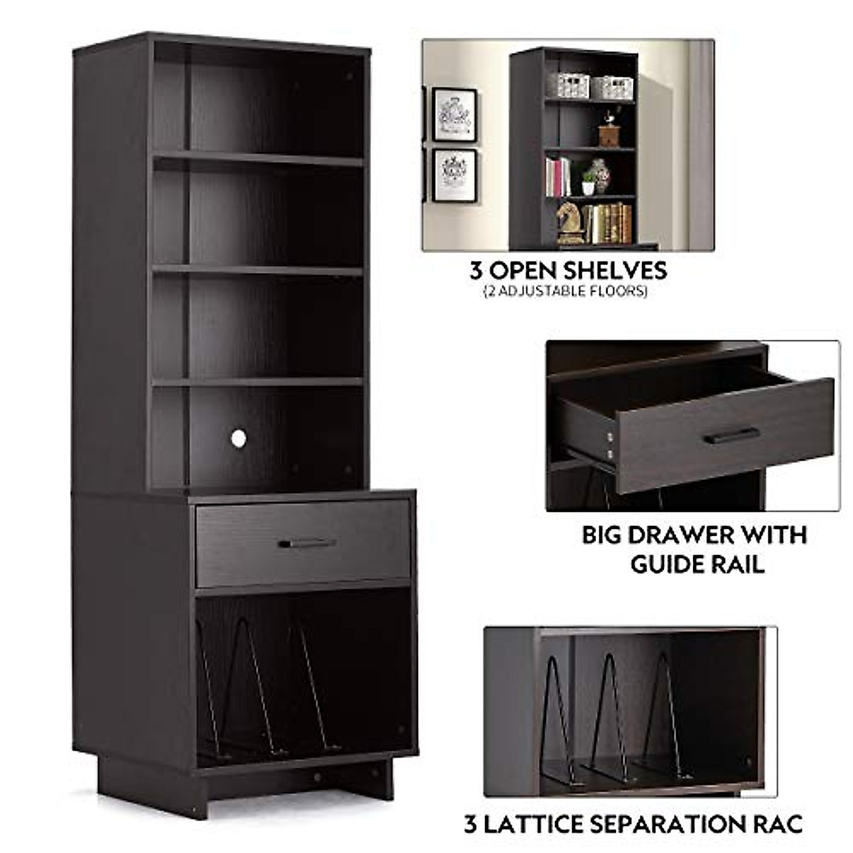 MELLCOM Wooden Bookcase Storage Cabinet Bookshelf with 3 Shelves and 1 Drawer, Modern Standing Shelf, Side Corner Storage Cabinet Decor Furniture for Home Office (Black)