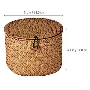 Decorative Wicker Storage Bins with Lids Woven Rattan Seagrass Storage Basket Round Household Organizer Boxes for Organizing Shelves Bathroom Bedroom