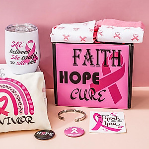 Whaline 8Pcs Breast Cancer Awareness Gifts Set for Women Survivor with Pink Ribbon Gift Box Tumbler Bracelet Makeup Bag Greeting Card Badge Socks for Hospital Fundraising Supplies