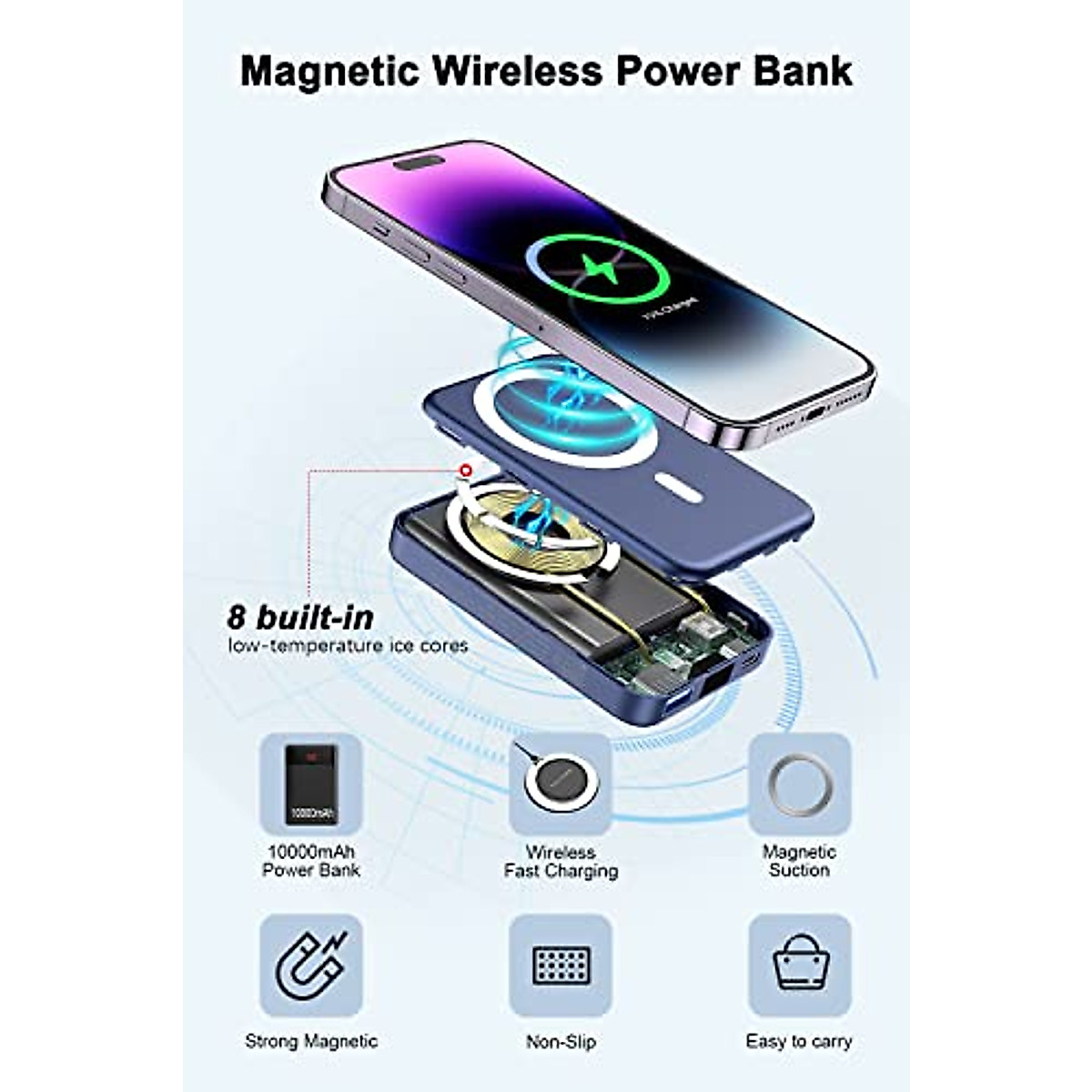 vatemax Power Bank Fast Charging, 10000mah Portable Charger Power Bank Magnetic Portable Charger 22.5W Wireless Power Bank USB PD QC3.0 Type-C Led Display Magnetic Power Bank (Blue)