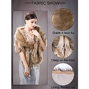 Aukmla Women's Brown Faux Fur Shawl Wedding Fur Wraps and Shawls Bridal Fur Stoles Scarf with Rhinestones Brooch for Bride and Bridesmaids (A-Brown, US 4-14 (S-M))