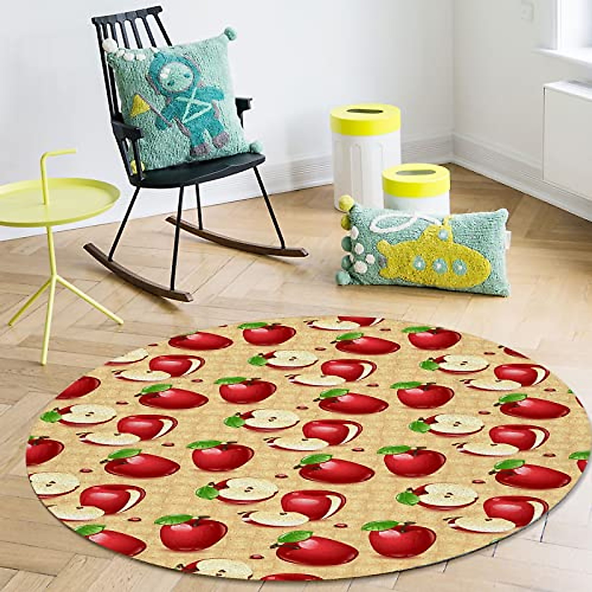 LAMANDA Round Area Rugs Red Apples Green Leaf Indoor Floor Carpet Non Slip Throw Rug for Living Room Bedroom Kids Nursery Farm Fruit Harvest 48in