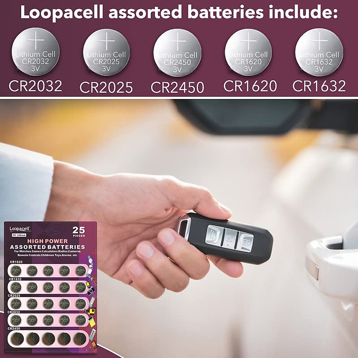 Loopacell High Power Button Cell 3V Lithium Assorted Battery CR2032 CR2025 CR2450 CR1620 CR1632, 25 Piece Set