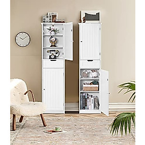 Iwell Tall Linen Tower Cabinet, Freestanding Bathroom Cabinet with 2 Doors 6 Tier Shelves & Drawer, Narrow Floor Storage Cabinet for Living Room, White
