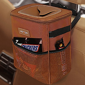 HOTOR Brown Car Trash Can with Adjustable Strap, Magnetic Snaps, Waterproof Lining, and Storage Pocket
