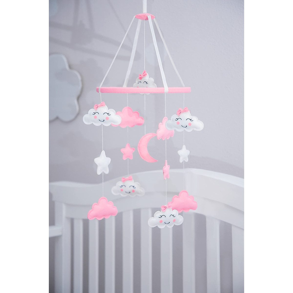 Piccolin Baby Crib Mobile, Hanging Toys, Nursery Decor for Girls White and Pink Room Decorations, Clouds, Moons and Stars Safe, Non-Toxic, Crib Mobile for Newborn, Baby Shower Present