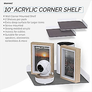 BRAINWAVZ 2-Pack 10” Corner Floating Shelf for Speakers, Books, Decor, Plants, Cameras, Photos, Kitchen, Bathroom, Routers & More Universal Small Holder Acrylic Wall Shelves (White)