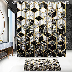 4 Pcs Bathroom Shower Curtain Set, Honeycomb Marble Bathroom Sets with Rugs(Bath Mat,U Shape and Toilet Lid Cover Mat) and 12 Durable Hooks