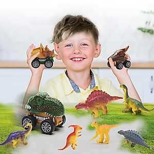 Dinoaur Toy Truck for Kids Dinosaur Toy Transport car Set 1 Large Dino Carrier Truck 3 Small Pull Back Cars and 12 Dinosaur Toy Set for Toys and Birthday Gifts for Boys girlss (Brown), DINO-28set