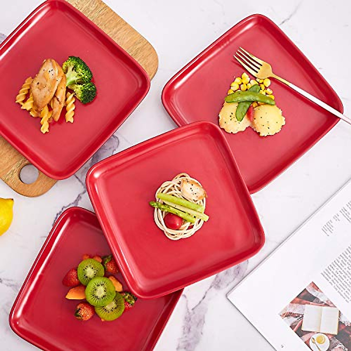 Bruntmor 8 inch Ceramic Dinner Plates- Set of 4, Porcelain Pasta Salad Plate Set For Kitchen, Dinnerware Dish Set, Dishwasher & Microwave Safe - Red