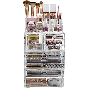 Sorbus Large Clear Makeup Organizer - Detachable 4-Piece Jewelry & Make Up Organizers and Storage Set - Spacious Cosmetic Display Tower - Makeup Organizer for Vanity, Bathroom, Dresser & Countertop