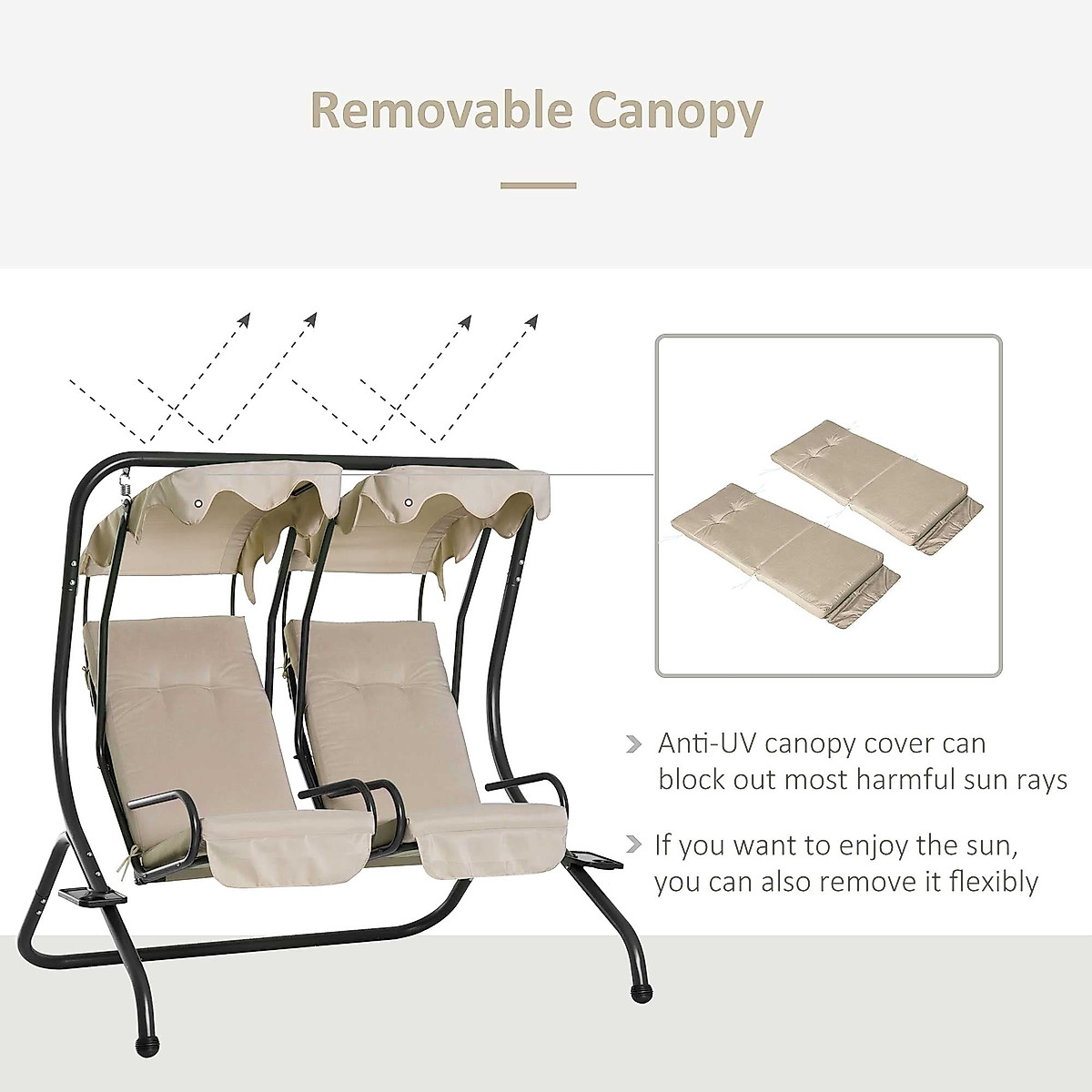 Outsunny Patio Swing Chair with 2 Separate Seats, Outdoor Swing Glider with Removable Canopy and Cup Holders, for Porch, Garden, Poolside, Backyard, Beige