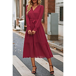 PRETTYGARDEN Women's Floral Print Boho Dress Long Sleeve Wrap V Neck Ruffle Belted A-Line Flowy Maxi Dresses (Solid Wine Red,Medium)