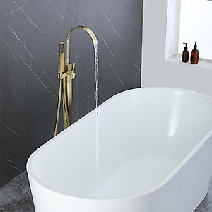 Waterfall Floor Mount Freestanding Bathtub Faucet Brushed Gold Single Handle Freestanding Tub Faucet Brass Tub Filler Tub Shower Faucet with Hand Shower 59in Hose Bathtub & Shower Systems JIAENLEMA