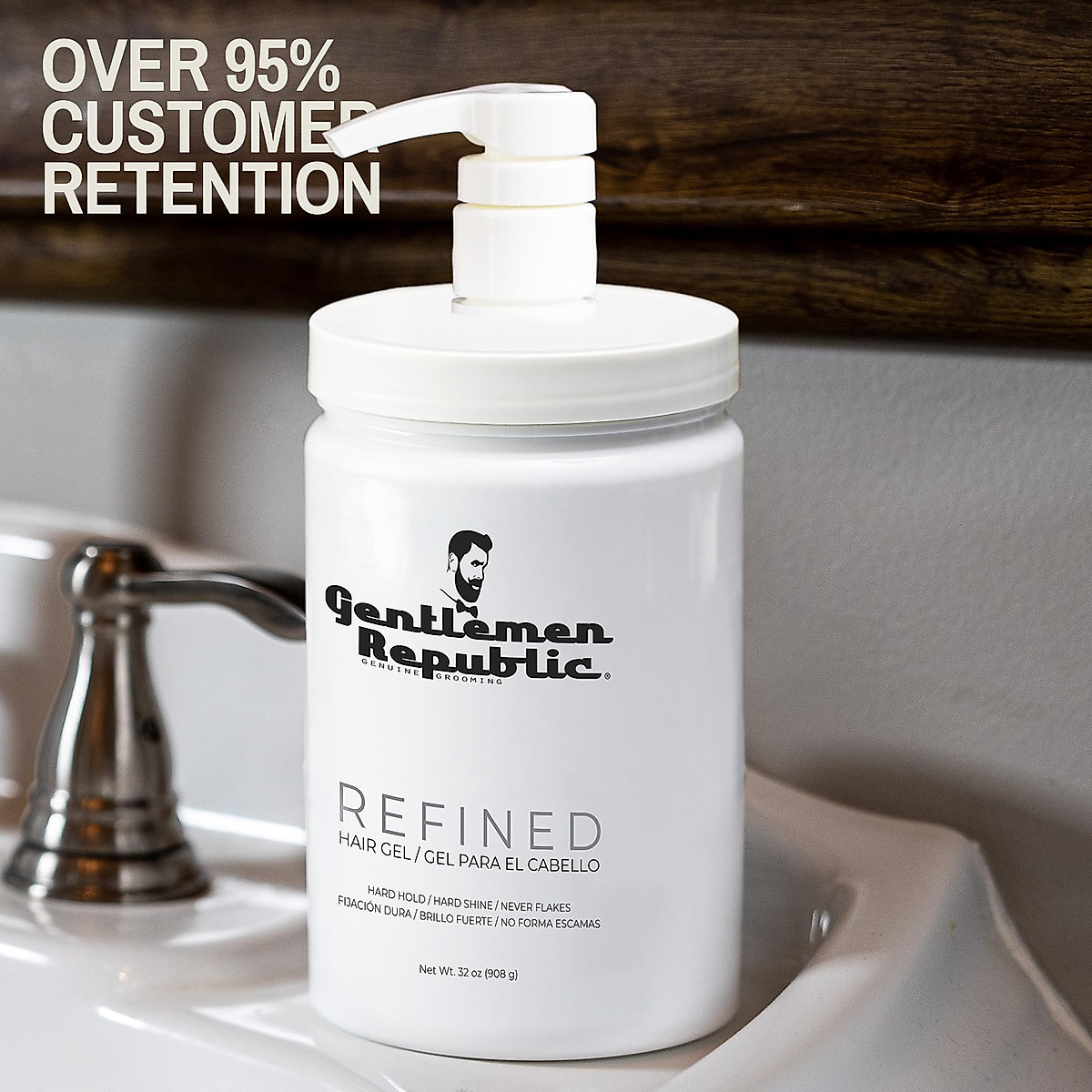 Gentlemen Republic 32oz Refined Hair Gel - Professional Formula for 24 Hour Shine and Hold, Humidity Resistant, 100% Alcohol-Free and Never Flakes, Made in the USA - With Pump