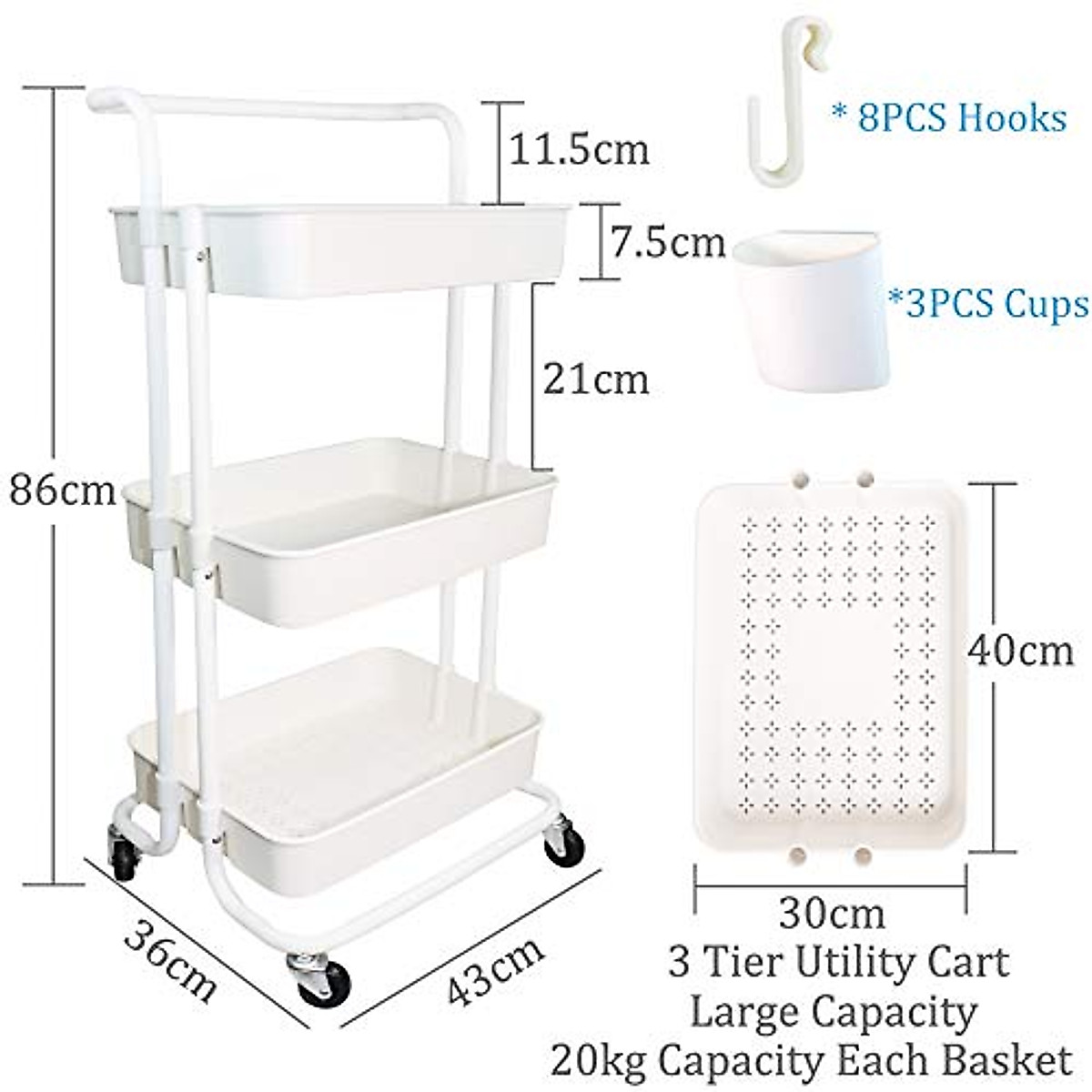 Piowio 3 Tier Utility Rolling Cart Multifunction Organizer Shelf Storage Cart with 3 Pieces Cups and 8 Pieces Hooks for Home Kitchen Bathroom Laundry Room Office Store etc. (White)
