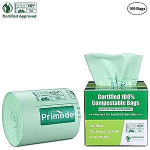 Primode 100% Compostable Bags, 8 Gallon (30L) Food Scraps Yard Waste Bags, 100 Count, Extra Thick 0.85 Mil. ASTM D6400 Compost Bags Small Kitchen Trash Bags, Certified by BPI & TUV
