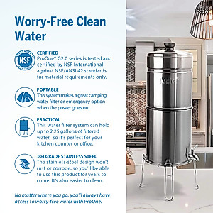 ProOne Traveler+ Stainless-Steel Gravity Filter System, 2.25-Gallon Water Capacity, Countertop Water Dispenser for Home & Travel with One 5” Filter & Wire Stand, Independently Tested Proven to Reduce