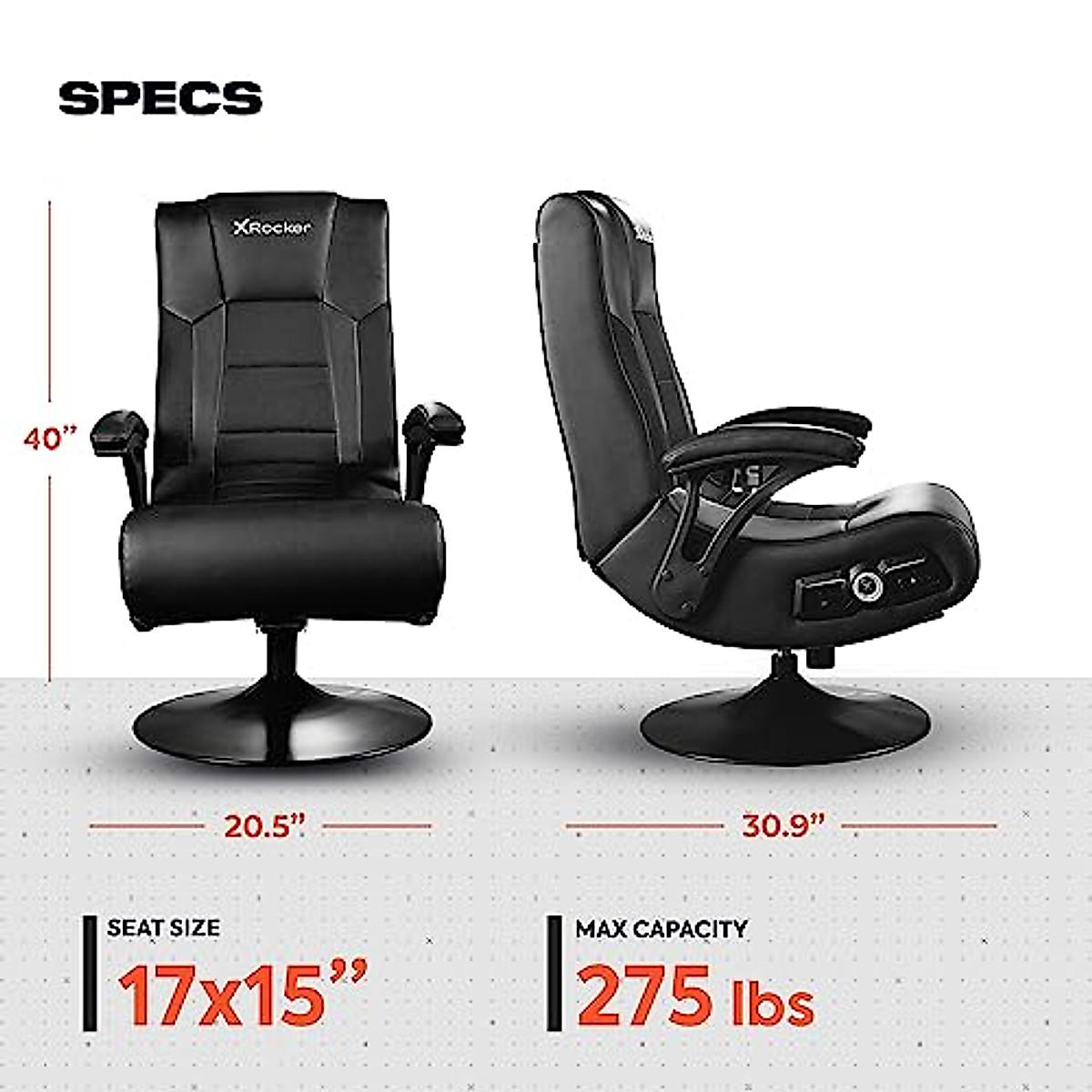 X Rocker Sphynx Pedestal Gaming Chair, with Headrest Mounted Speakers, 2.1 Wireless, Backrest Subwoofer, Padded Armrest, 5111501, 30.9" x 20.5" x 40", Black