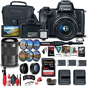 Canon EOS M50 Mirrorless Digital Camera with 15-45mm and 55-200mm Lenses (Black) (2680C021) + 64GB Memory Card + Color Filter Kit + Case + Filter Kit + Corel Photo Software + More (Renewed)