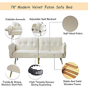 Modern Velvet Futon Sofa Bed,Convertible Folding Sleeper Sofa with 3 Angles Adjustable Back and Armrests,Recliner Couch Bed with Metal Legs for Small Space,Living Room Bedroom Apartment Office,Beige