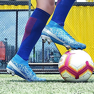 lozoye Soccer Cleats Mens Womens Football Shoes for Kids Big Boys Grils FG High Ankle Football Boots Wide Soccer Training Sneakers (Blue White,42)