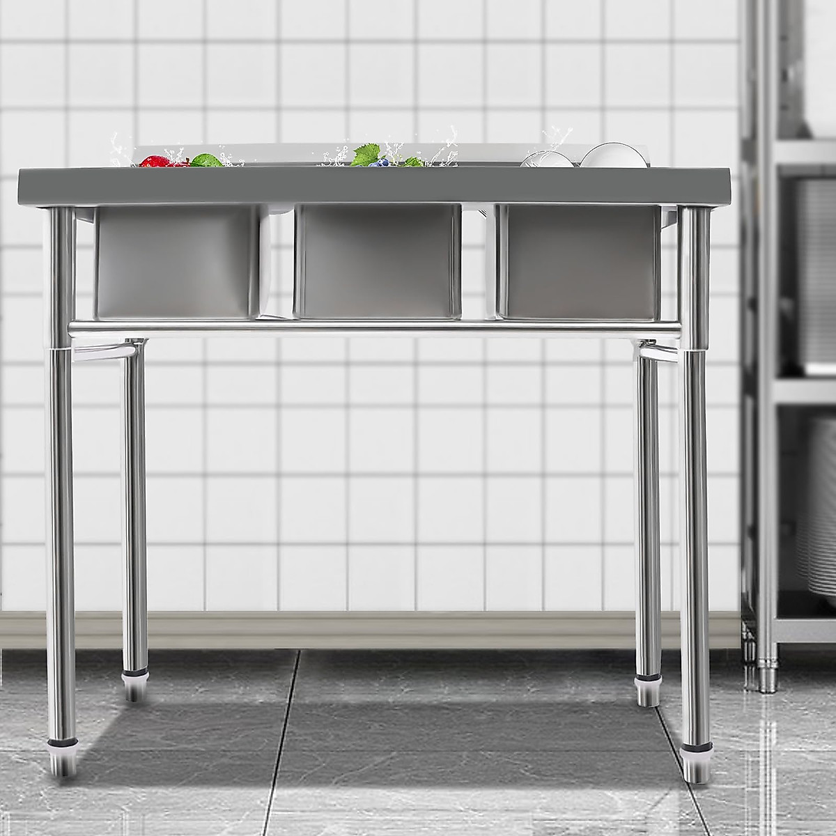 Florchest Standing Three Bowl Kitchen Sink Set, 3 Compartment Commercial Kitchen Sink Stainless Steel/Garage Prep & Utility Sink for Restaurants Kitchen, Laundry Room,Outdoor