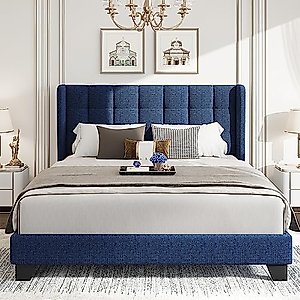 WEEWAY Queen Size Wingback Upholstered Platform Bed Frame with Box-Tufted Stitched Headboard and Wooden Slats/No Box Spring Needed/Easy Assembly, Dark Blue