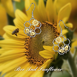 LUHE Honeycomb with Bee Stud Earrings 925 Sterling Silver Beehive and Bee Earrings for Women (bee earrings) (B-Bee earrings)