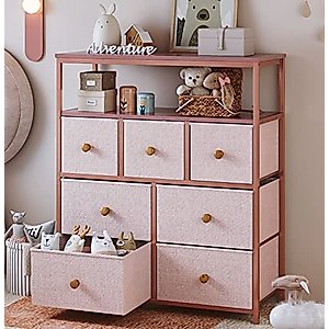EnHomee Pink Dresser for Girls Bedroom, Dresser for Bedroom with 7 Drawers and 2 Shelves, Pink Dresser with Wooden Top and Metal Frame, Dressers & Chests of Drawers for Bedroom, Closets, Nursery, Pink
