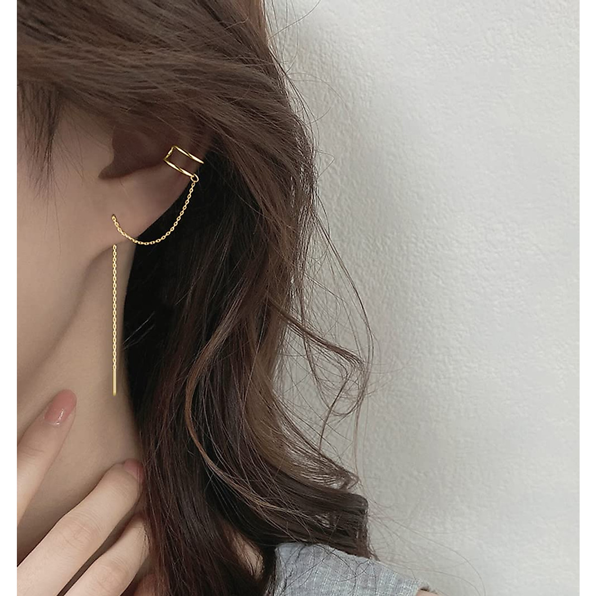 SLUYNZ 925 Sterling Silver Cuff Earrings Threader Chain for Women Crawler Earrings Wrap Earrings (Gold Plated)