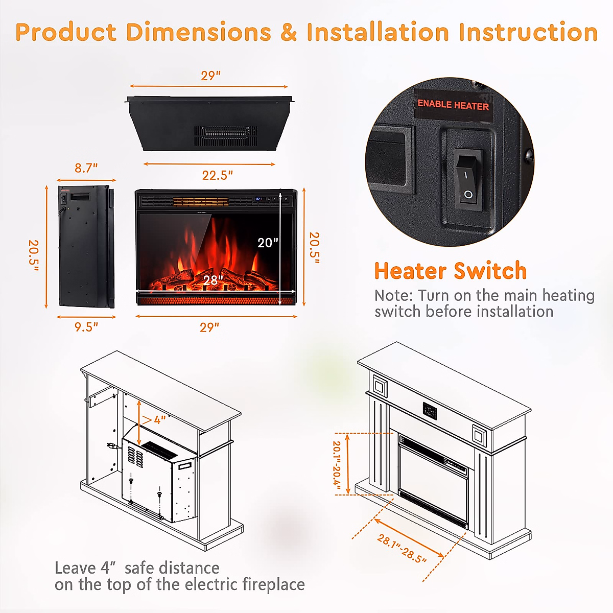 COSTWAY Electric Fireplace Insert 28-Inch Wide, 900/1350W Recessed and Freestanding Heater with Remote Control, 3 Flame Colors, 4 Brightness, Adjustable Temperature, Electric Fireplace for Indoor Use