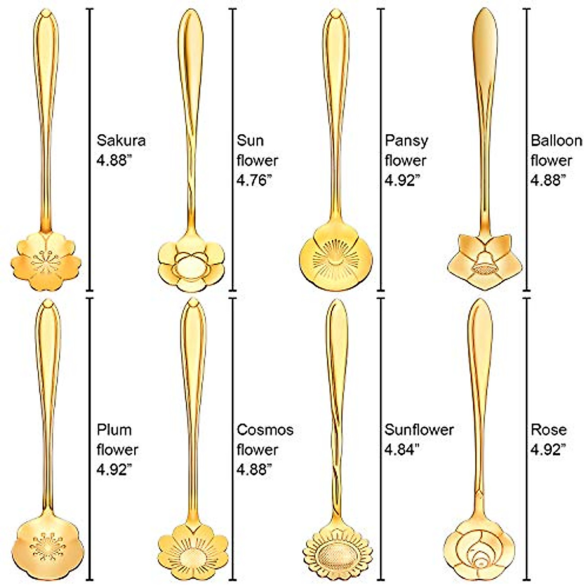 8 Pieces Flower Spoon Coffee Teaspoon Set Stainless Steel Tableware Creative Sugar Spoon Tea Spoon Stir Bar Spoon Stirring Spoon, 8 Different Patterns (Gold)