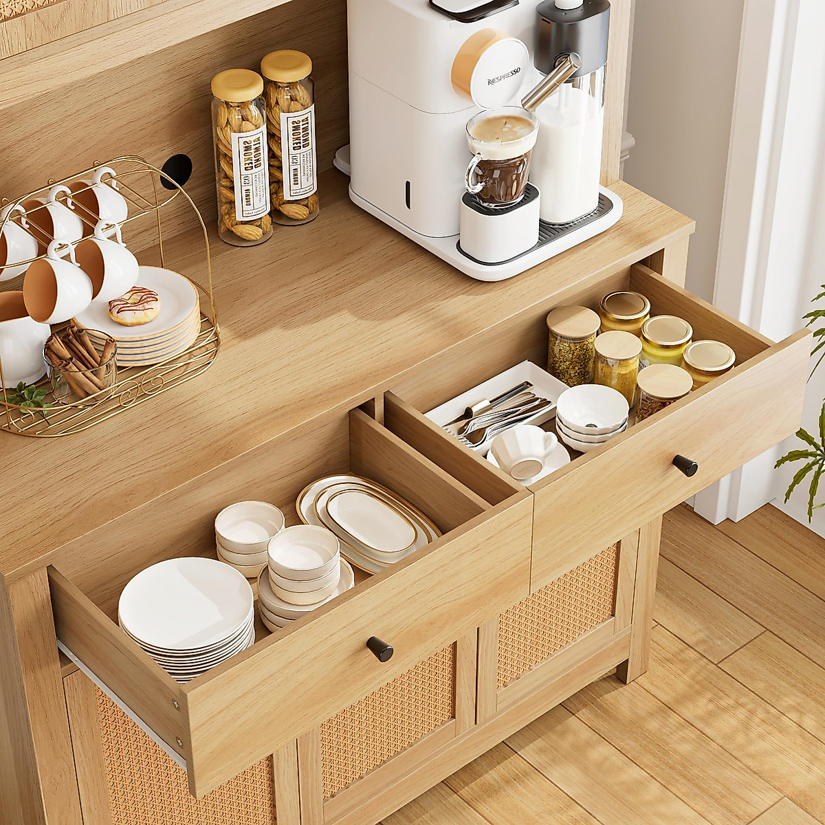 FINETONES 71" Kitchen Pantry Cabinet, Pantry Cabinet with Microwave Stand & Charging Hole, Freestanding Kitchen Hutch with Drawers and Adjustable Shelves, Kitchen Rattan Cabinet for Kitchen, Walnut