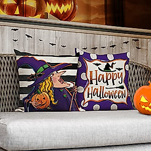Fjfz Happy Halloween Witch Decorative Throw Pillow Covers 18 x 18 Set of 4, Trick or Treat Black Cat Pumpkin Fall Porch Outdoor Home Decor, Purple Polka Dots Stripes Autumn Holiday Couch Cushion Case