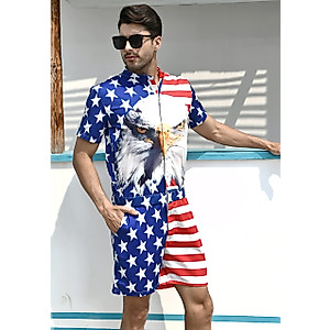 RAISEVERN Men's Rompers Male Zipper Jumpsuit Shorts Flag Independence Day 4th of July One Piece Romper Slim Fit Bro Short Sleeve Shirt Outfits