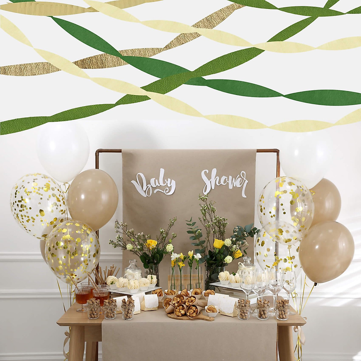 Kiwayo Sage Green & Gold Party Decorations Paper Streamers (5 Rolls) for Camp Bachelorette, Baby Shower, Wedding, Bridal Shower, Engagement Woodland Party Supplies Décor - Boho Craft