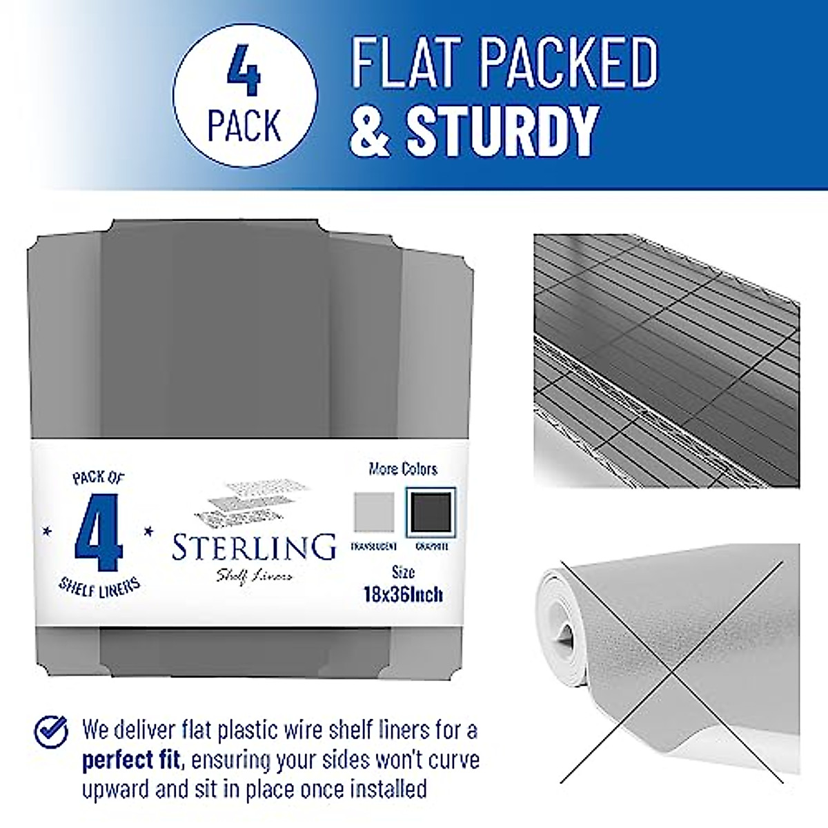Shelf Liners for Wire Shelf System - Set of 4 in Graphite - 18 x 36 inch - Plastic Wire Shelving Shelf Mats - Made in USA